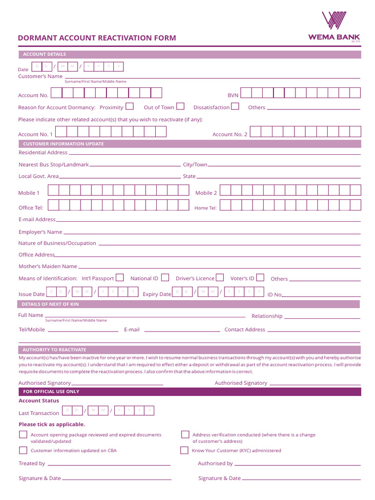 WEMA Account Reactivation Form | PDF | Identity Document | Government ...
