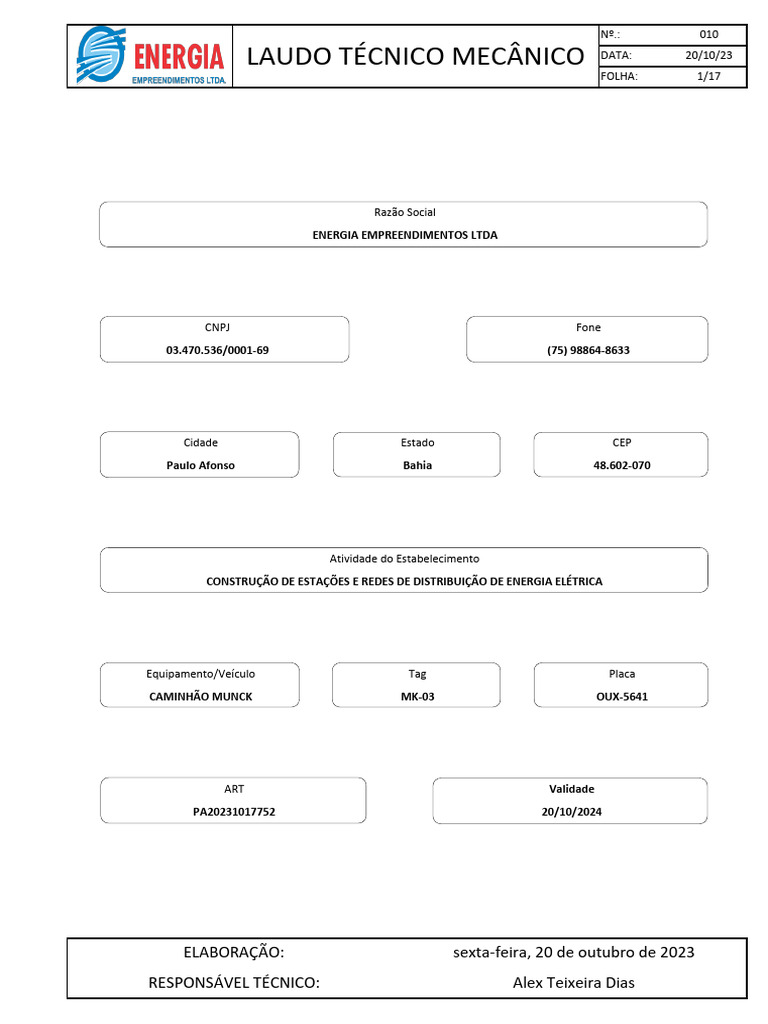 LV-010 - Laudo de Vistoria MK-03 (Caminhão Munck OUX-5641) | PDF | Guindaste (máquina) | Motores
