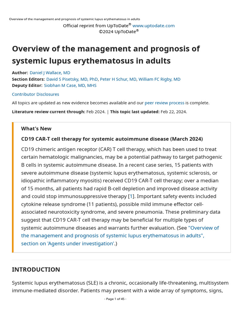 Overview of The Management and Prognosis of Systemic Lupus ...