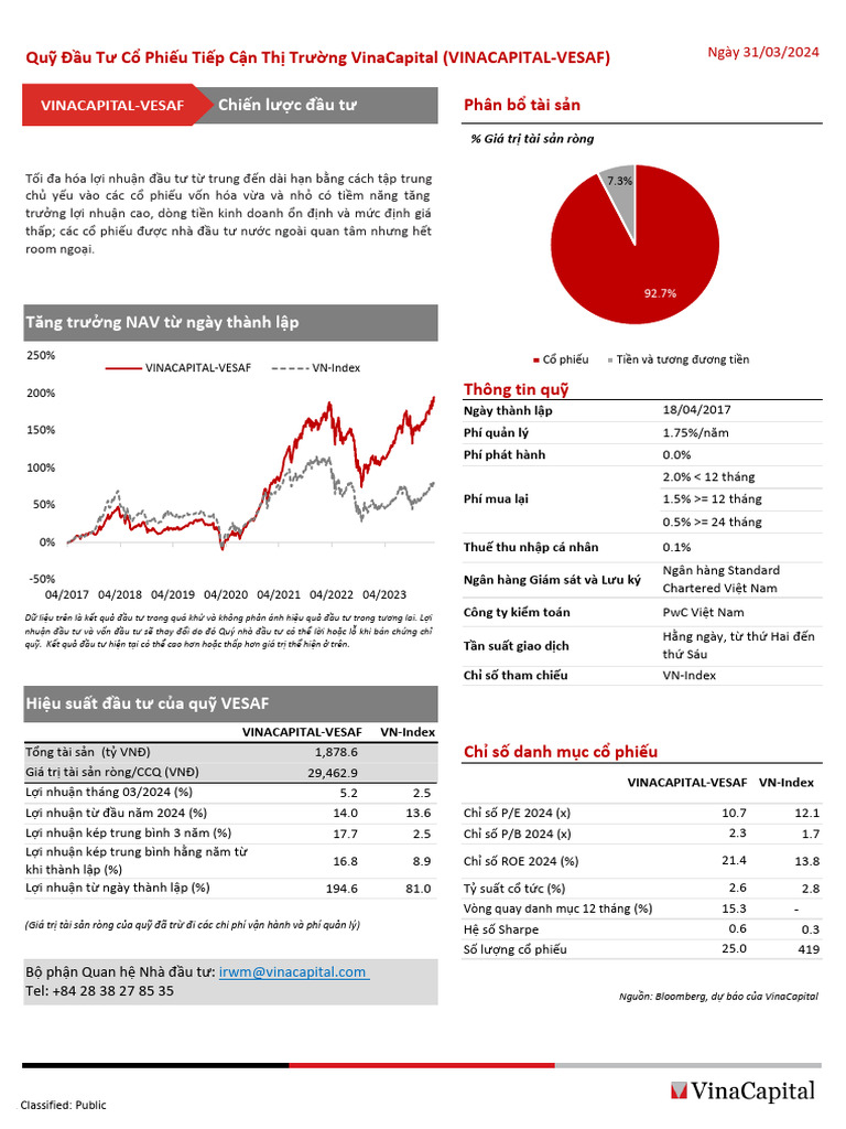 VINACAPITAL VESAF - Monthly Factsheet - Mar 2024 VN | PDF