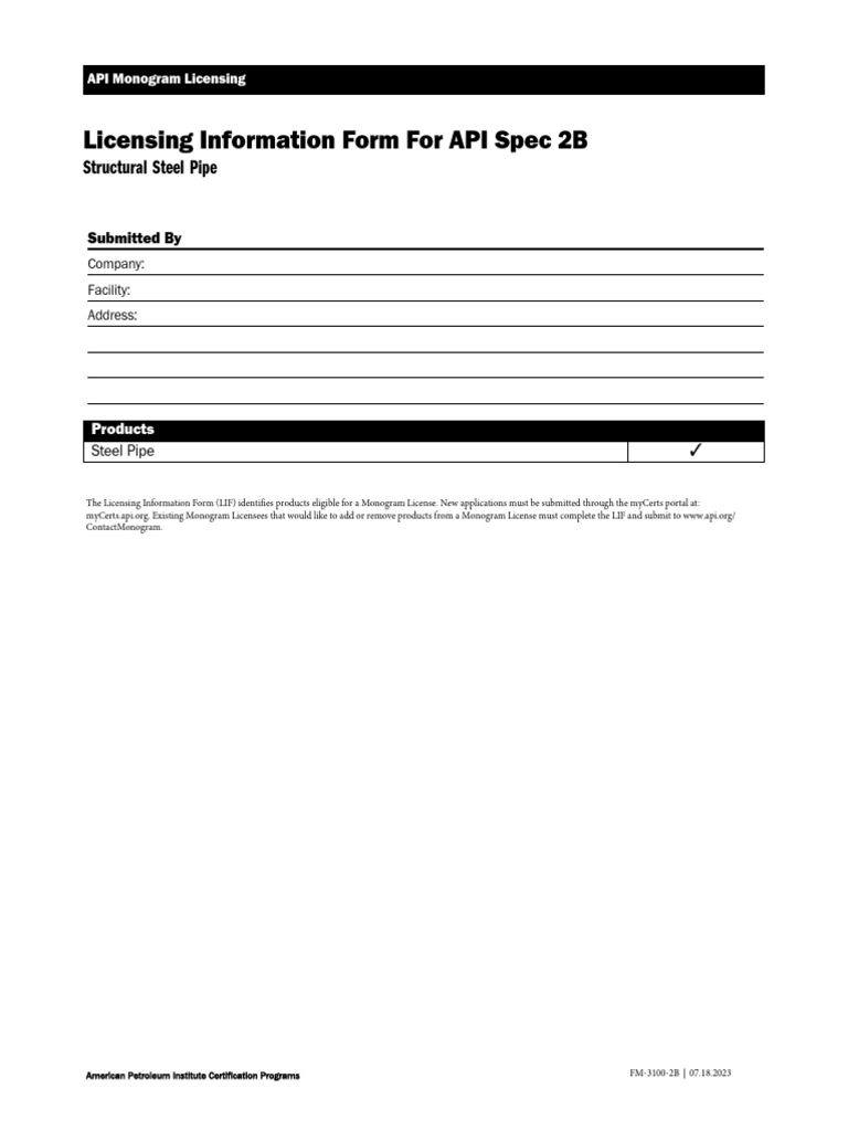 API 2B Licensing Information Form 20230821 | PDF