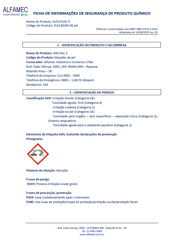 FISPQ Alfa Floc 5 | PDF | Desperdício | Química