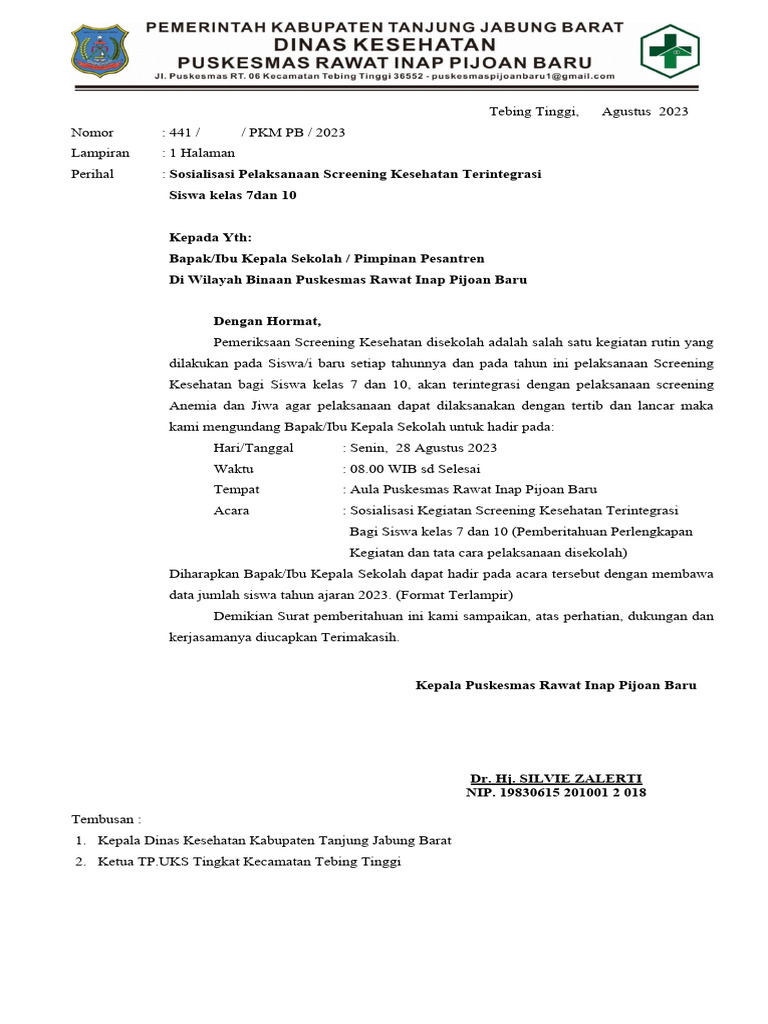 Surat Sosialisasi Kegiatan Screening Integrasi 2023 | PDF