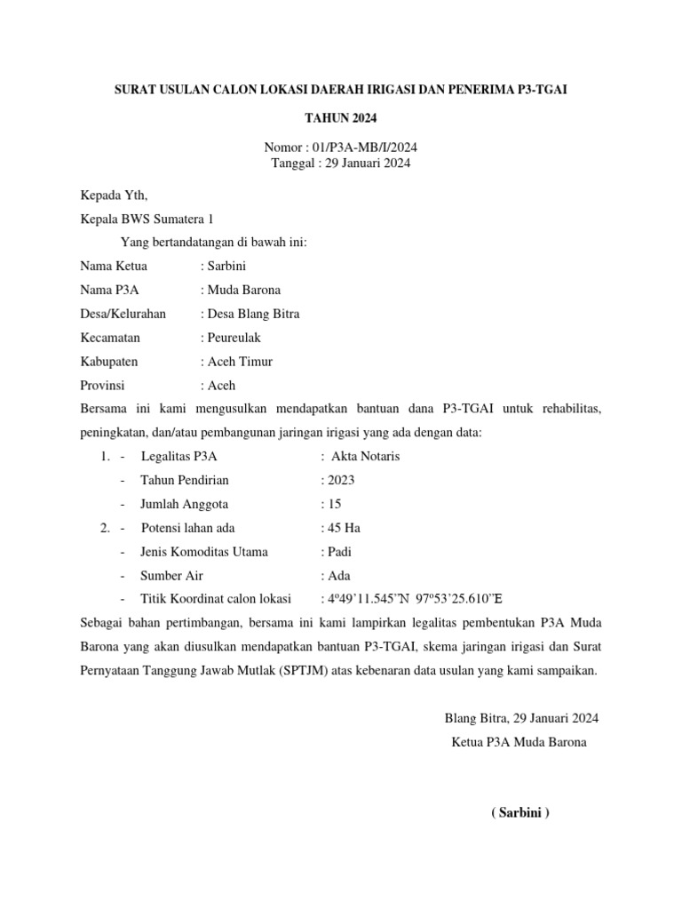 Usulan 2024 P3A Muda Barona Aceh Timur | PDF