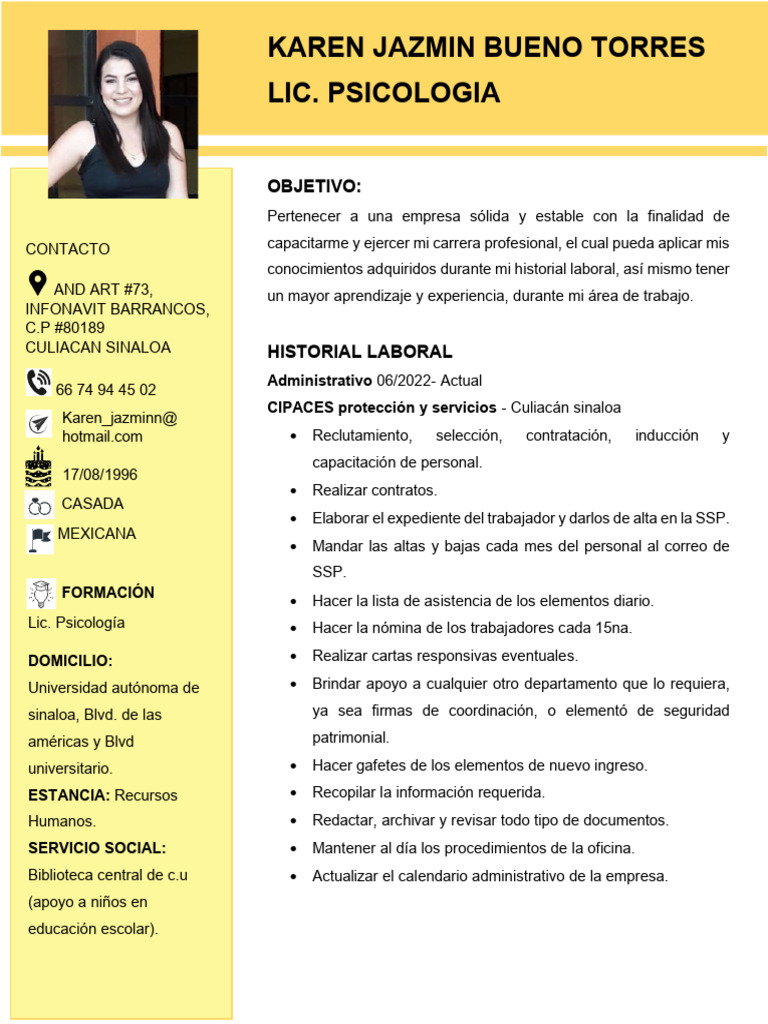 CV Karen Jazmin Bueno Torres | PDF | Centro de llamadas | Business