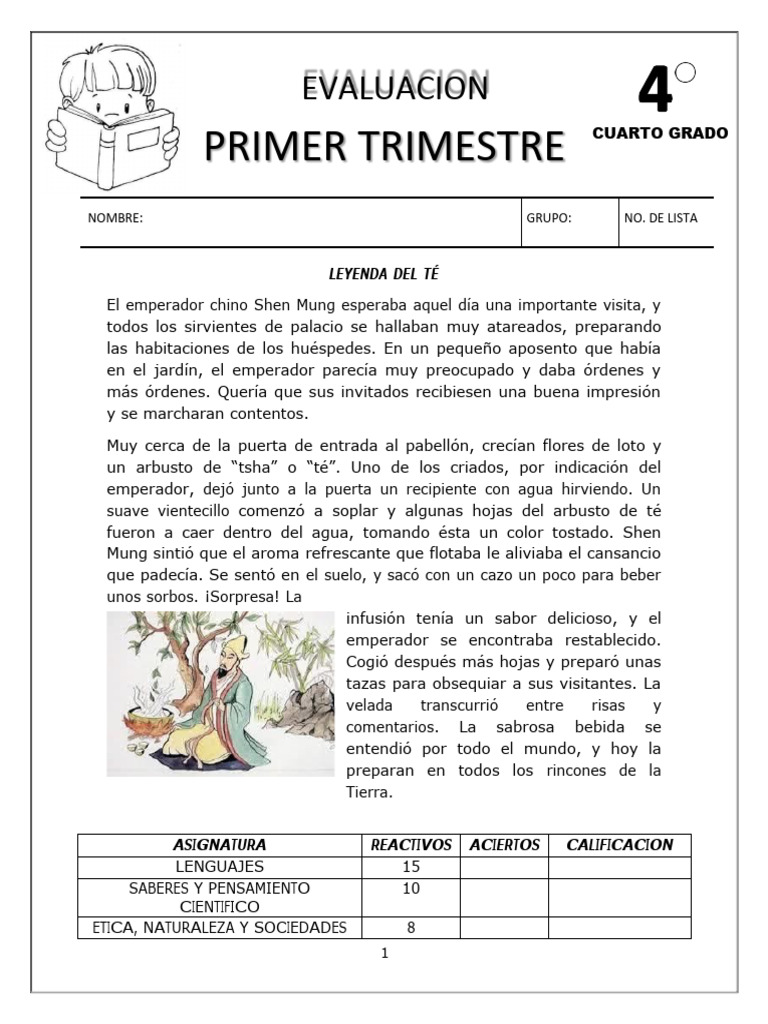 EXAMEN PRIMER TRIMESTRE cuarto grado | PDF | Té | Autoestima