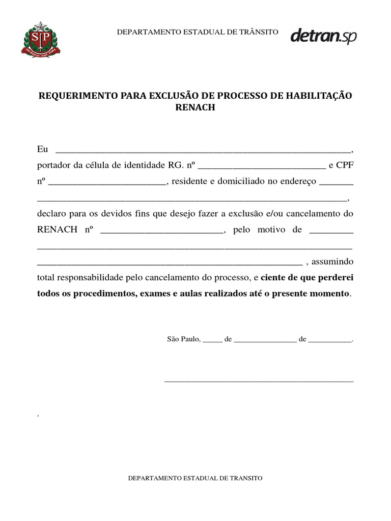 Requerimento de Exclusão do RENACH | PDF