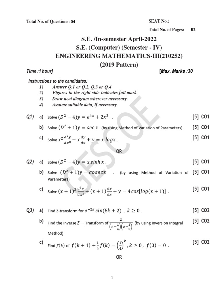 m3 Se Comp IV Insem Pyqpapers | PDF | Applied Mathematics