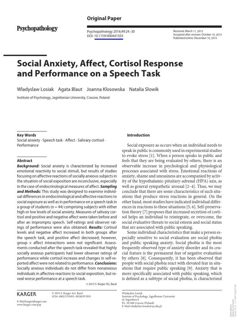 Social Anxiety Affect Cortisol Response and Performance On A Speech Task | PDF | Anxiety ...