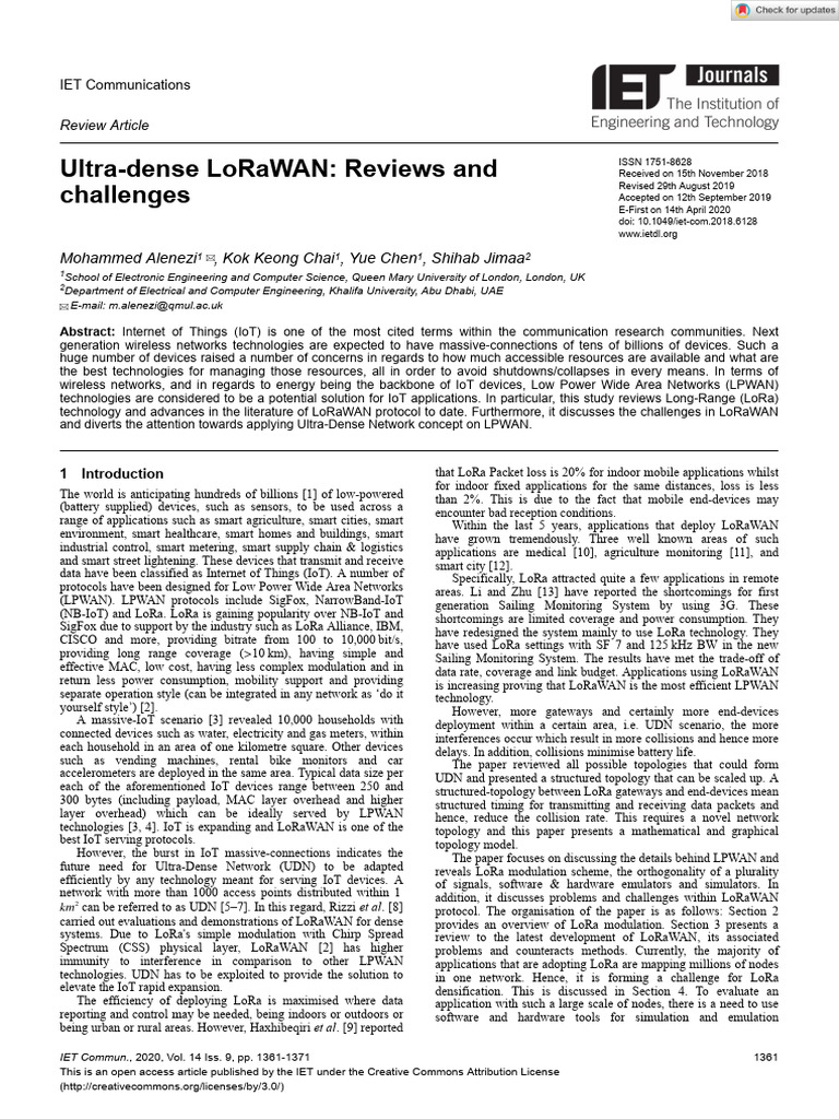 IET Communications - 2020 - Alenezi - Ultra Dense LoRaWAN Reviews and ...