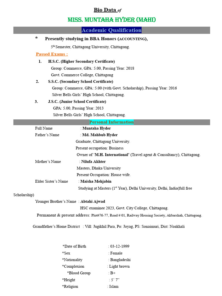 Muntaha Hyder's Academic Bio Data | PDF | Abrahamic Religions