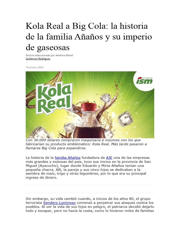 Kola Real A Big Cola La Histora de La Familia Añaños y Su Imperio de Gaseosas | PDF