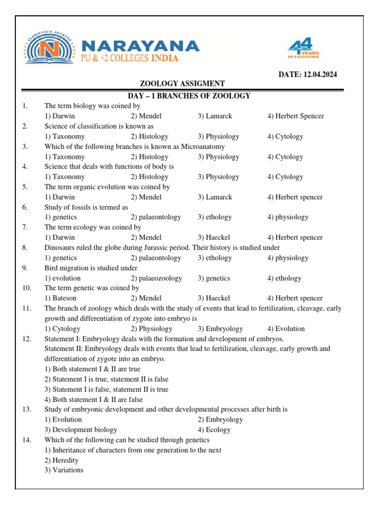 Branches of Zoology Assignment Guide | PDF | Zoology | Embryo