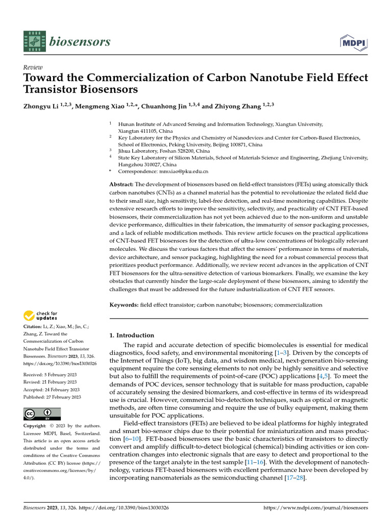 Biosensors 13 00326 v2 | PDF | Carbon Nanotube | Biosensor