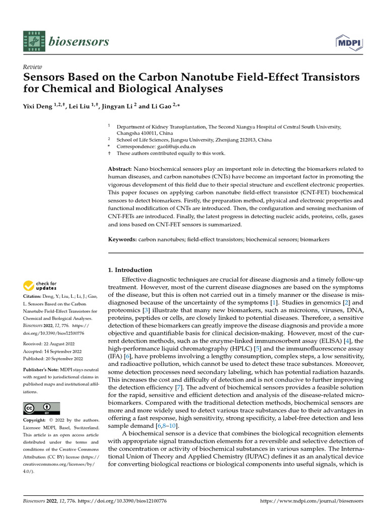 Biosensors 12 00776 v2 | PDF | Carbon Nanotube | Biosensor