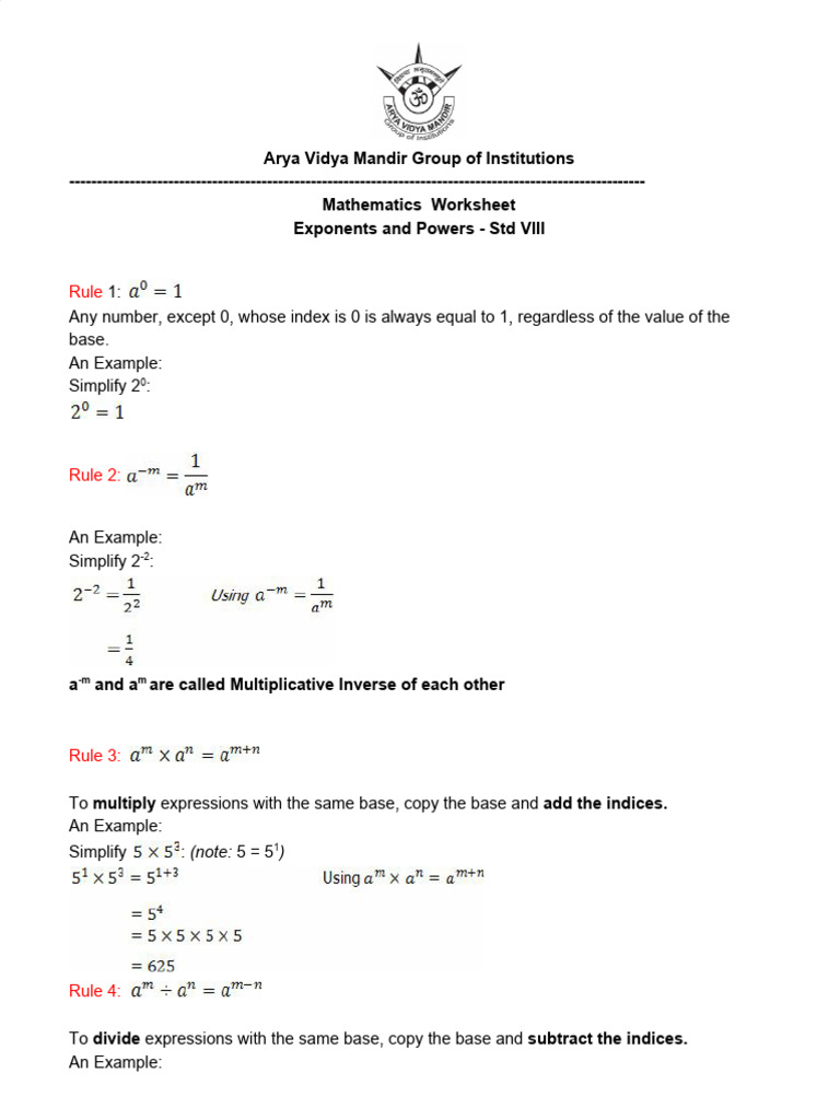 Std8 - Exponents and Powers - WORKSHEET | PDF | Multiplication ...