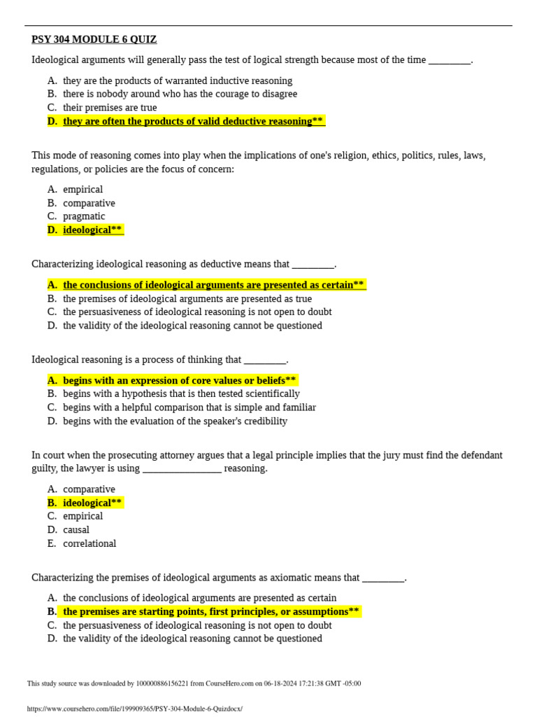 PSY 304 Module 6 Quiz.docx-1 | PDF | Argument | Reason PSY 304 Module 6 Quiz.docx-1 | PDF | Argument | Reason