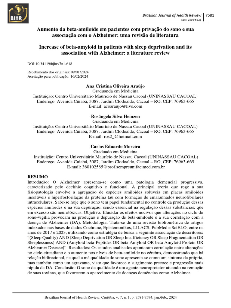 Aumento Da Beta-Amiloide em Pacientes Com Privação Do Sono e Sua ...