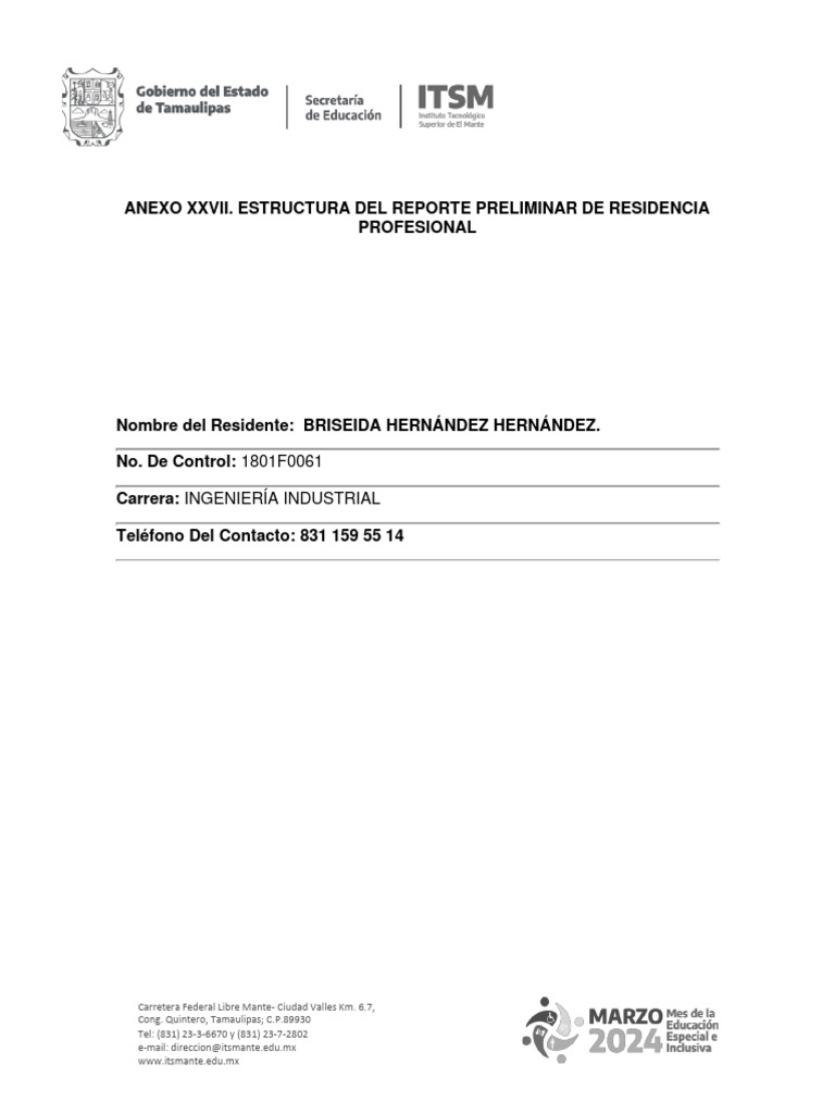 01-Anexo Xxvii-Reporte Preliminar de Residencias Profesional | PDF | Business | Logística
