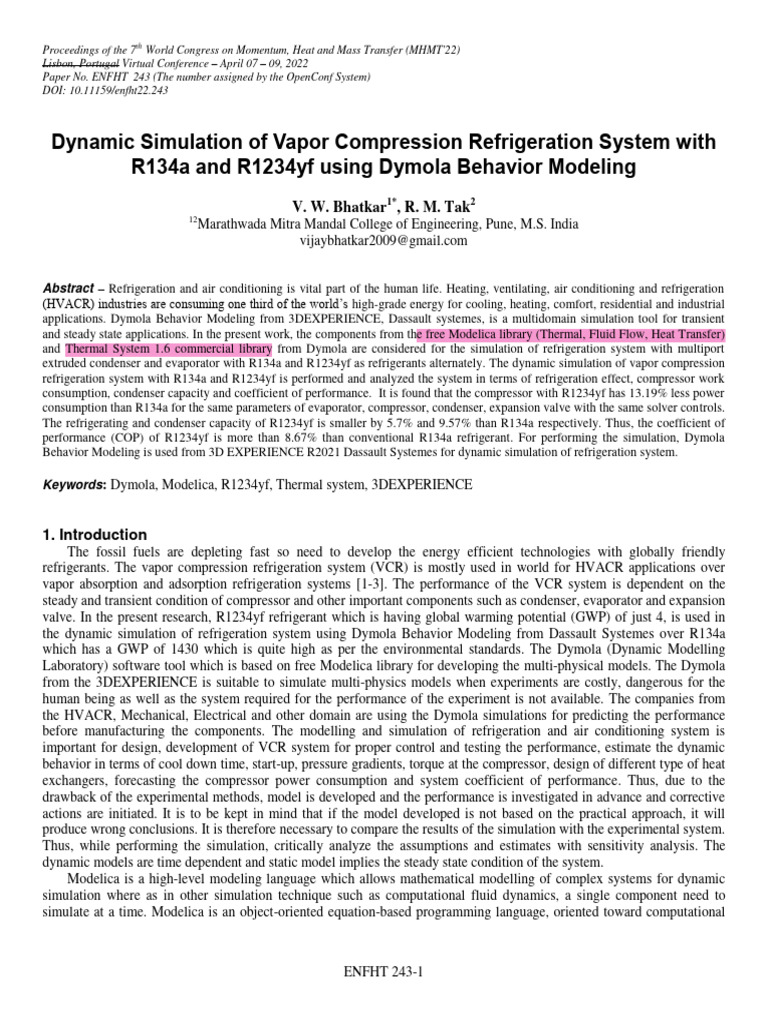 Dynamic Simulation of Vapor Compression Refrigeration System With R134a and R1234yf Using Dymola ...