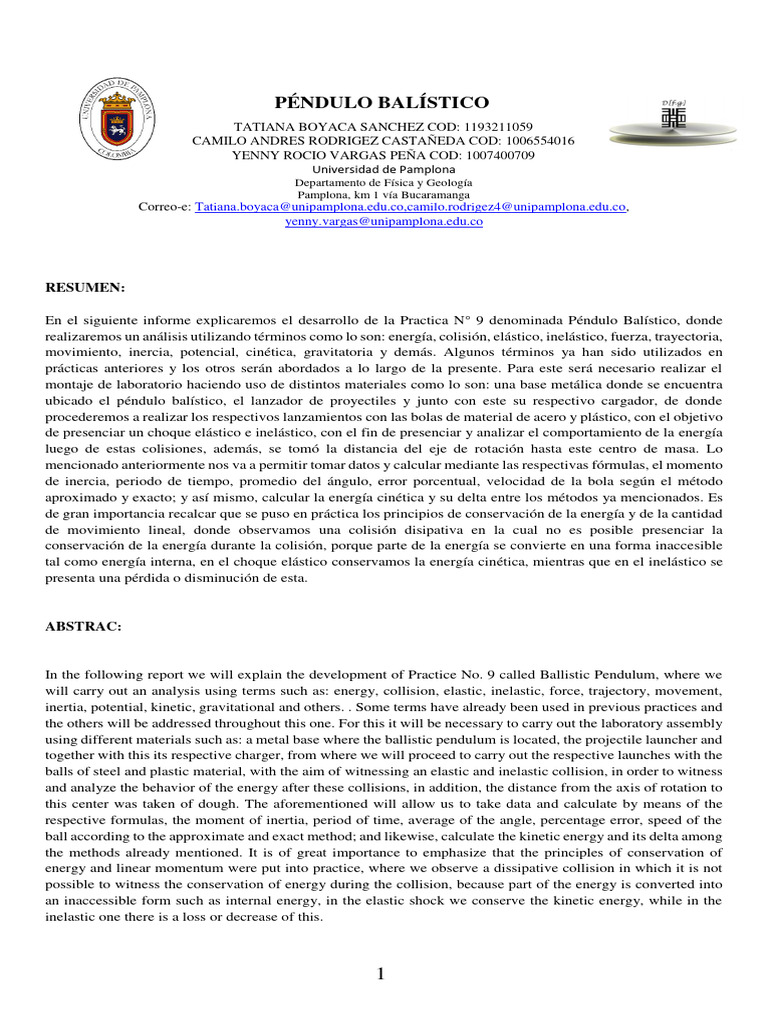 Análisis del Péndulo Balístico en Física | PDF | Fuerza | Impulso
