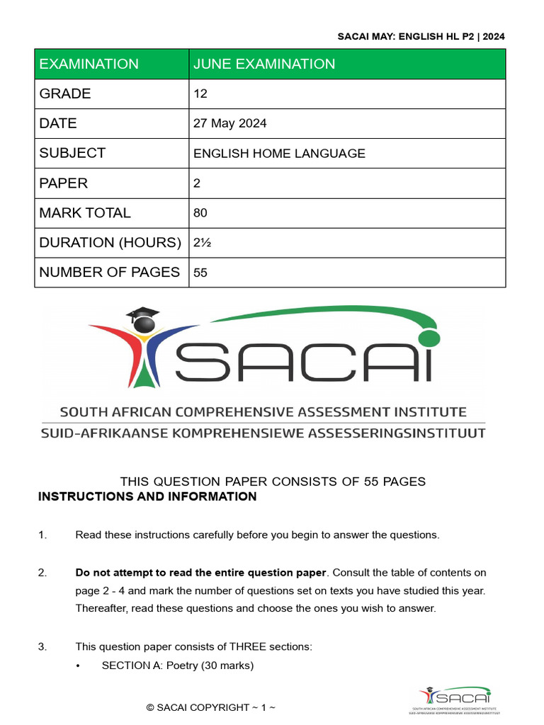 SACAI Grade 12 English HL Paper 2 | PDF