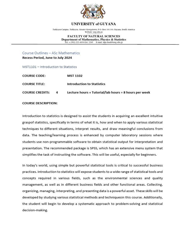 MST1102 Course Outline Recess 2024 | Download Free PDF | Statistics | Regression Analysis