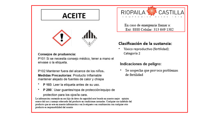 Etiqueta Aceite Hidraulico | PDF