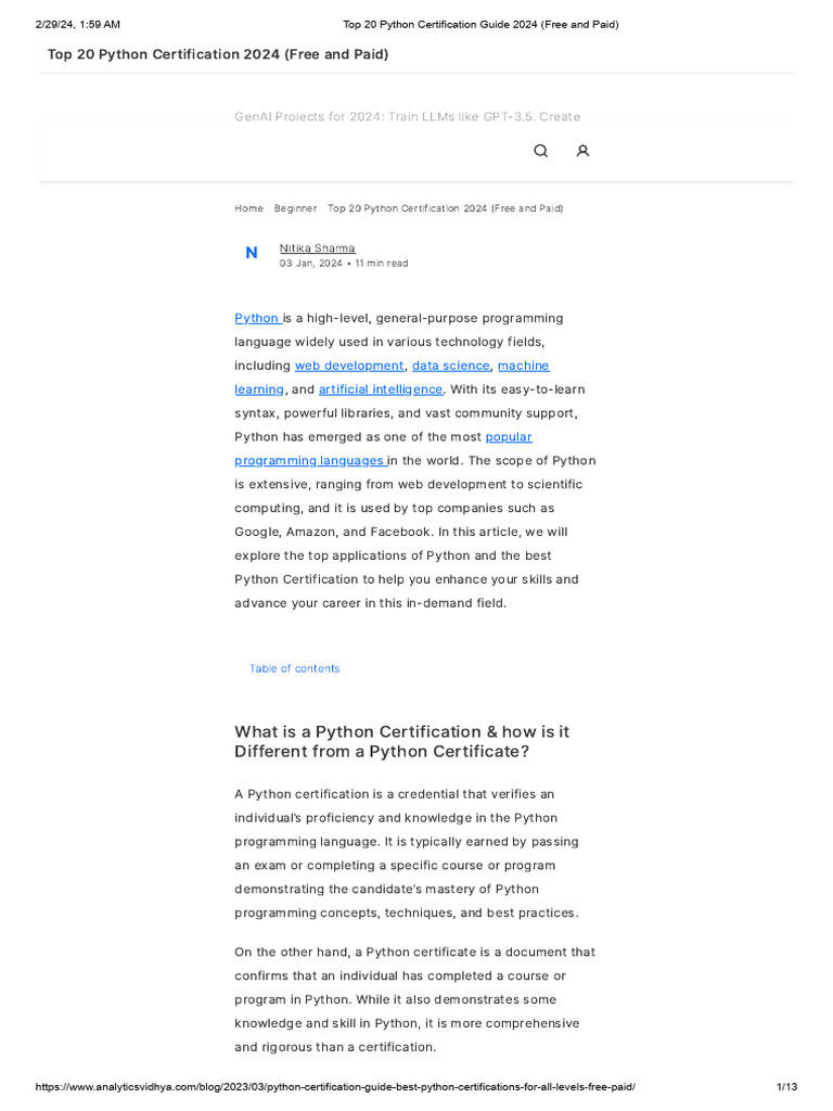 Top 20 Python Certification Guide 2024 (Free and Paid) | Download Free PDF | Computer ...