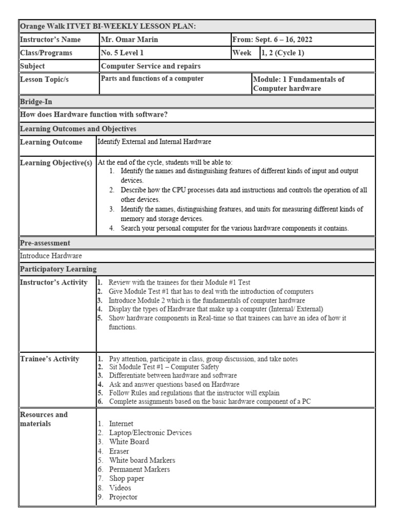 CSR Level 1 Lesson Plan Cycle 2 | PDF | Computer Hardware | Personal Computers