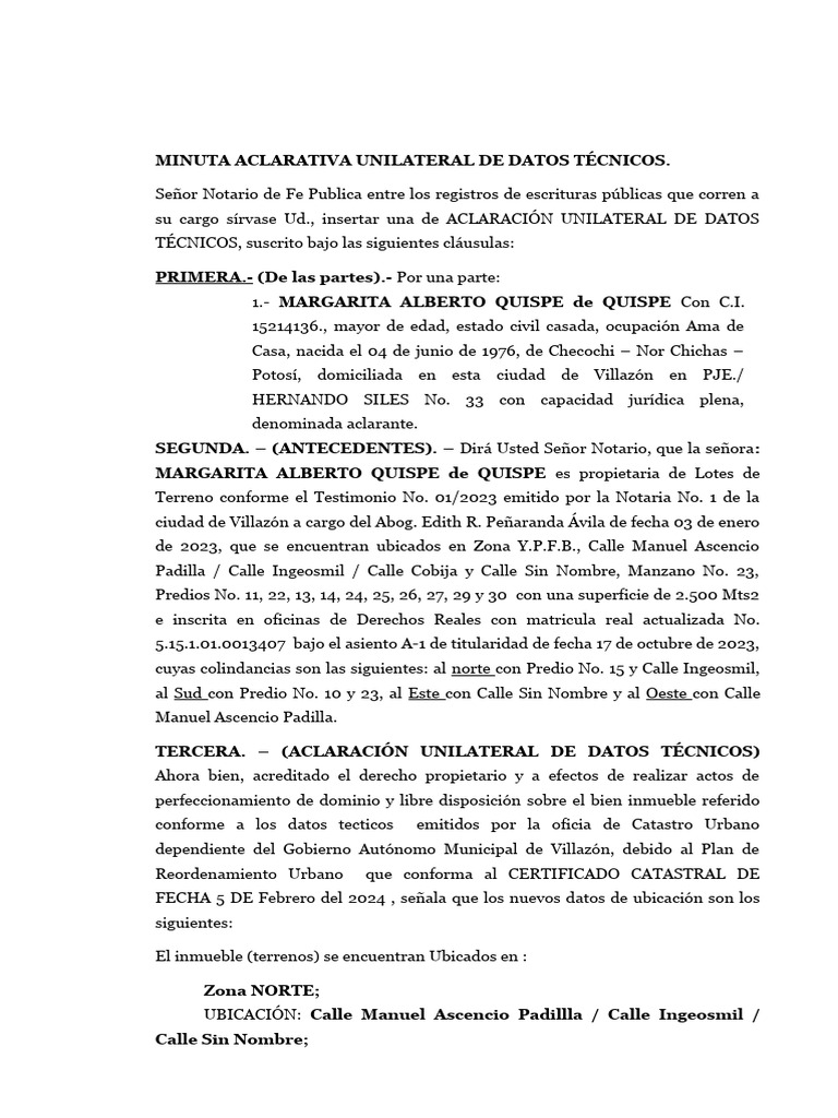 MINUTA ACLARATIVA UNILATERAL DE DATOS TÉCNICOS Modelo Bolivia | PDF