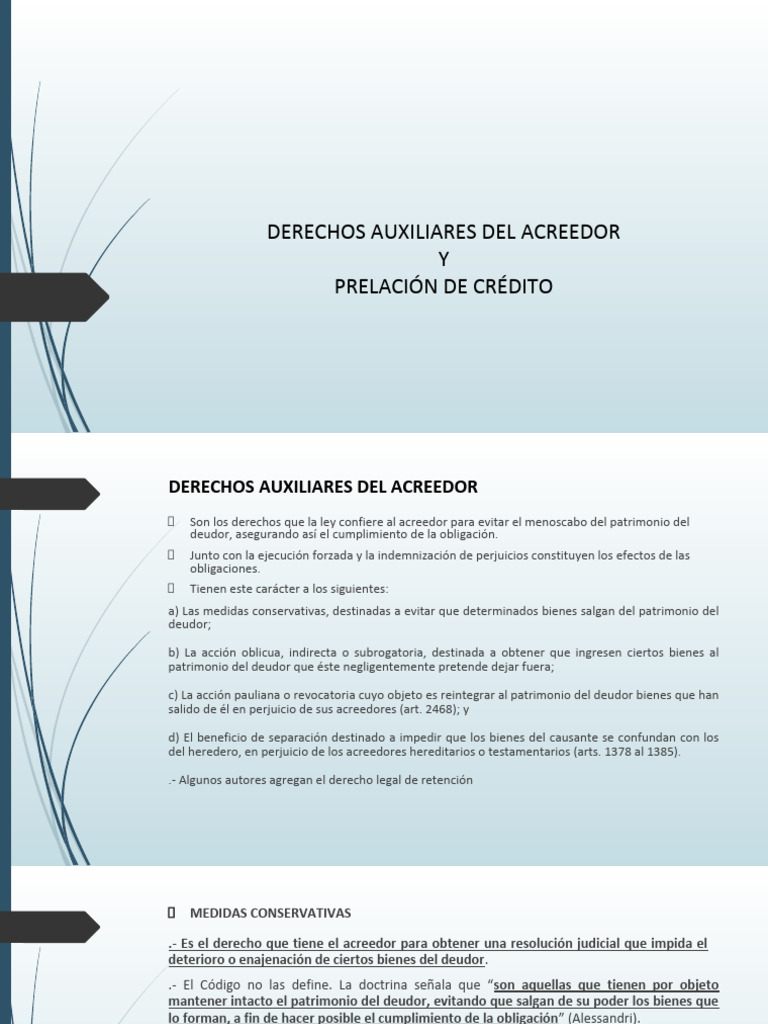 PPT 2 DERECHOS AUXILIARES DEL ACREEDOR Y PRELACION DE CREDITO | PDF ...