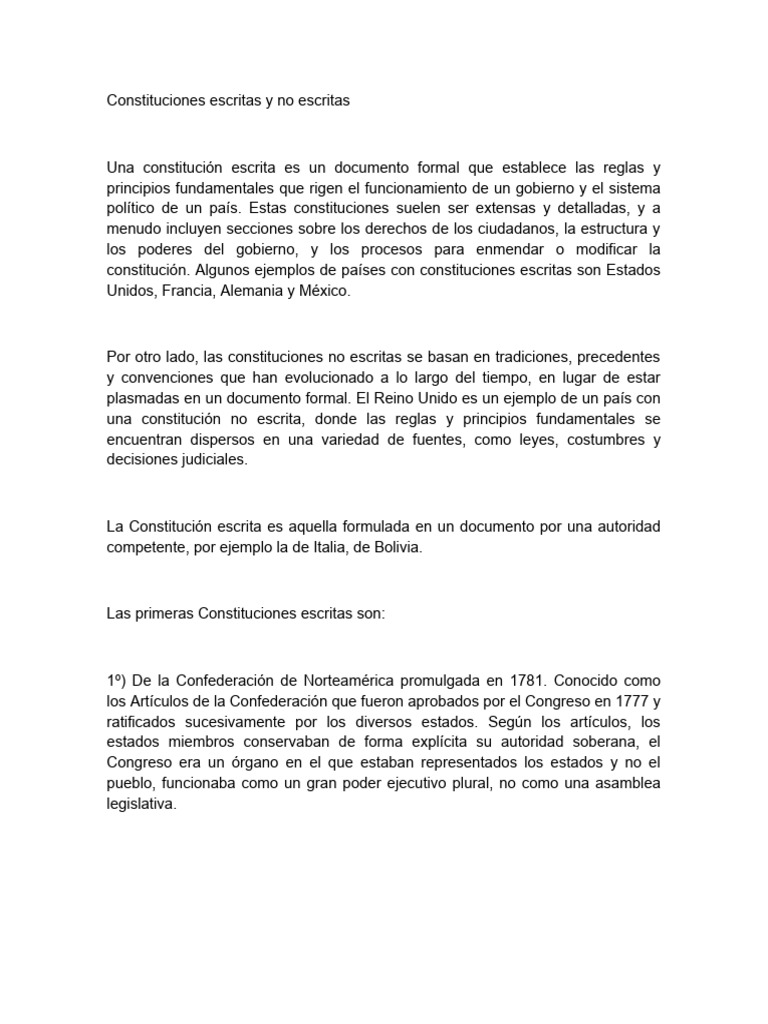 Diferencias entre Constituciones Escritas y No Escritas | PDF ...