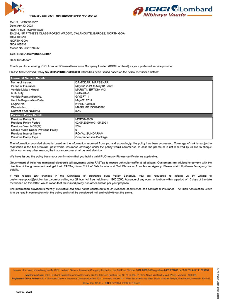 Sub: Risk Assumption Letter: Insured & Vehicle Details | PDF ...