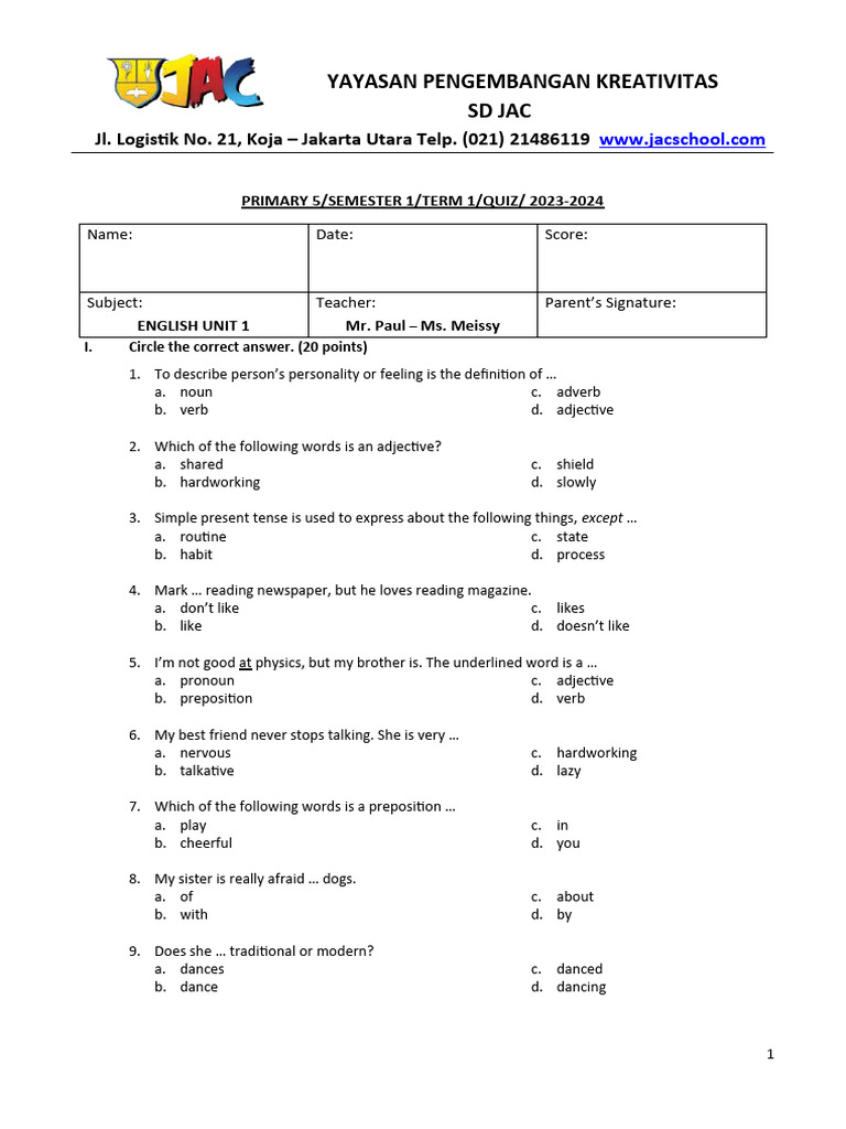 (Print) Primary 5-English-Quiz-Unit 1 (2023-2024) Ok by Mr. Eko | PDF | Verb | Adjective