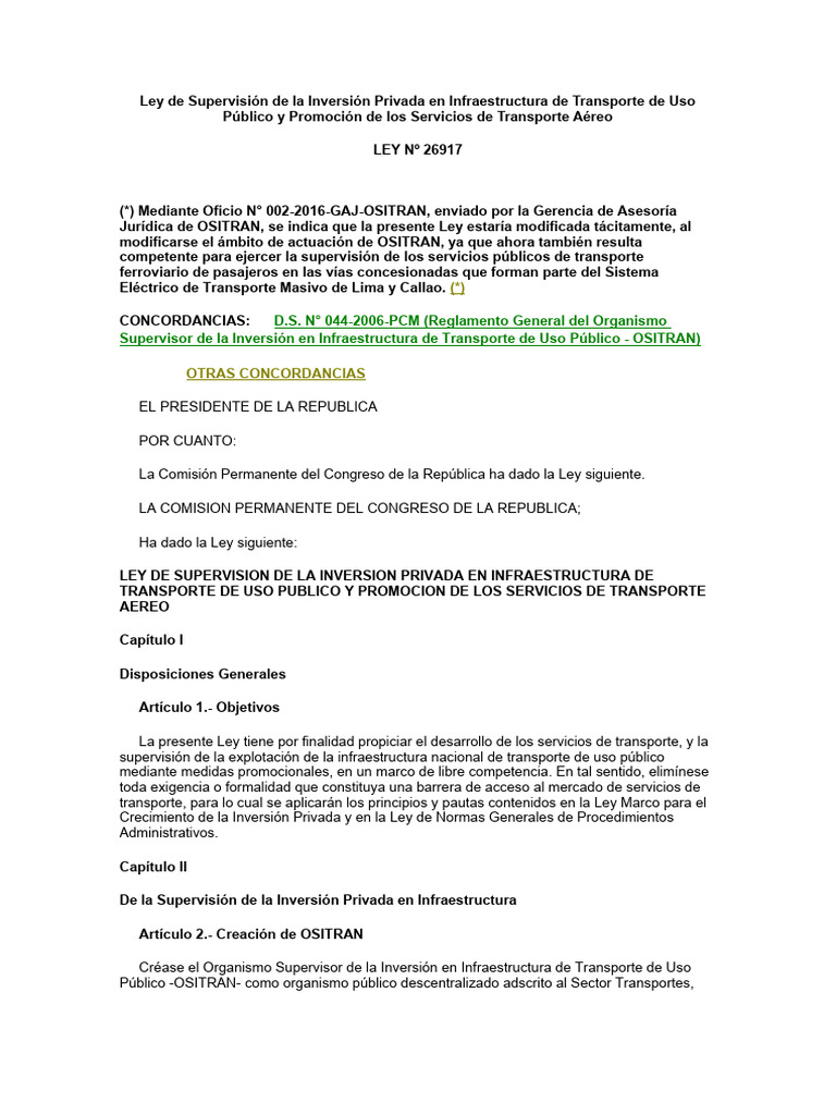 Ley de Supervisión de La Inversión Privada en Infraestructura de Transporte de Uso Público ...