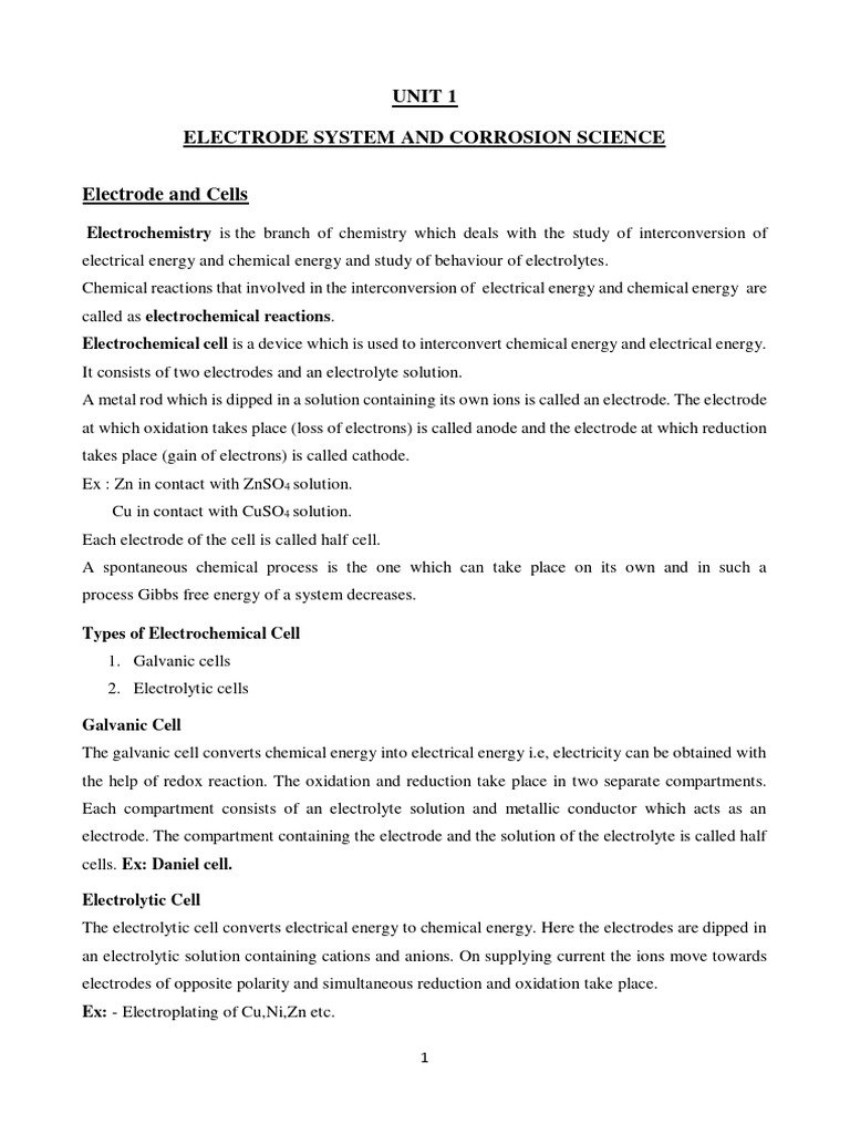 Unit 1 - Electrode System & Corrosion | PDF | Corrosion | Electrochemistry
