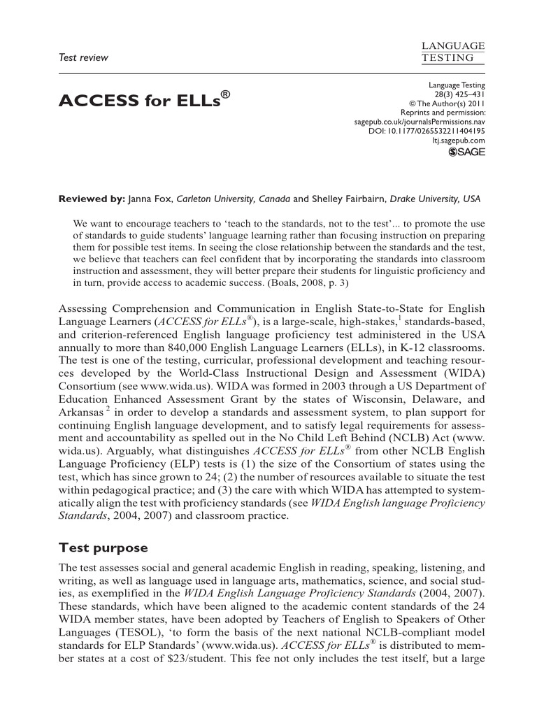 Test Review ACCESS For ELLs® | PDF | Educational Assessment | Cognition