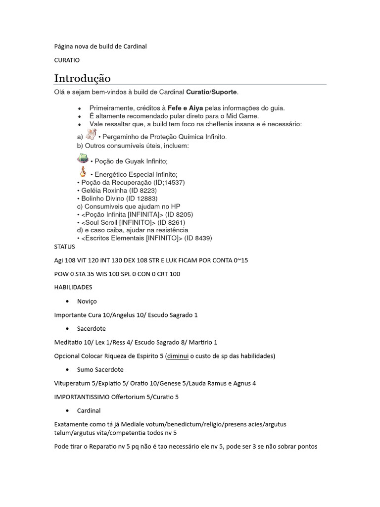 Build de Cardinal Curatio/Suporte | PDF