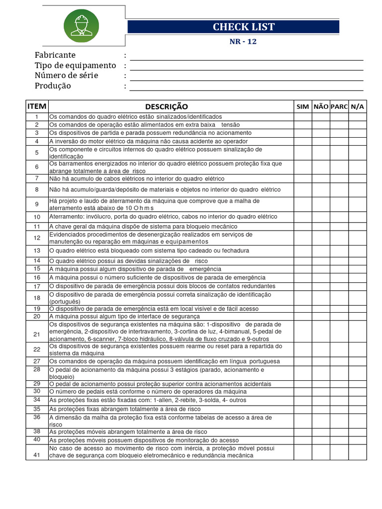 Check List NR 12 NIO | PDF | Bonde | Engenharia Elétrica