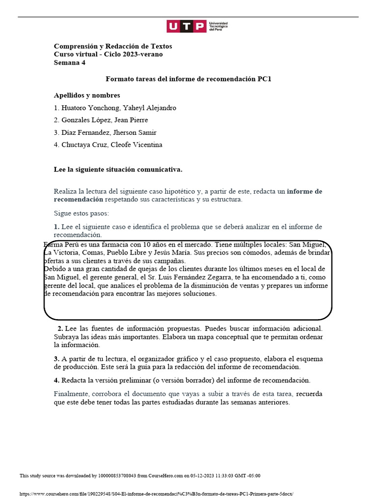 S04 El Informe de Recomendaci N Formato de Tareas PC1 Primera Parte 5 | Descargar gratis PDF ...