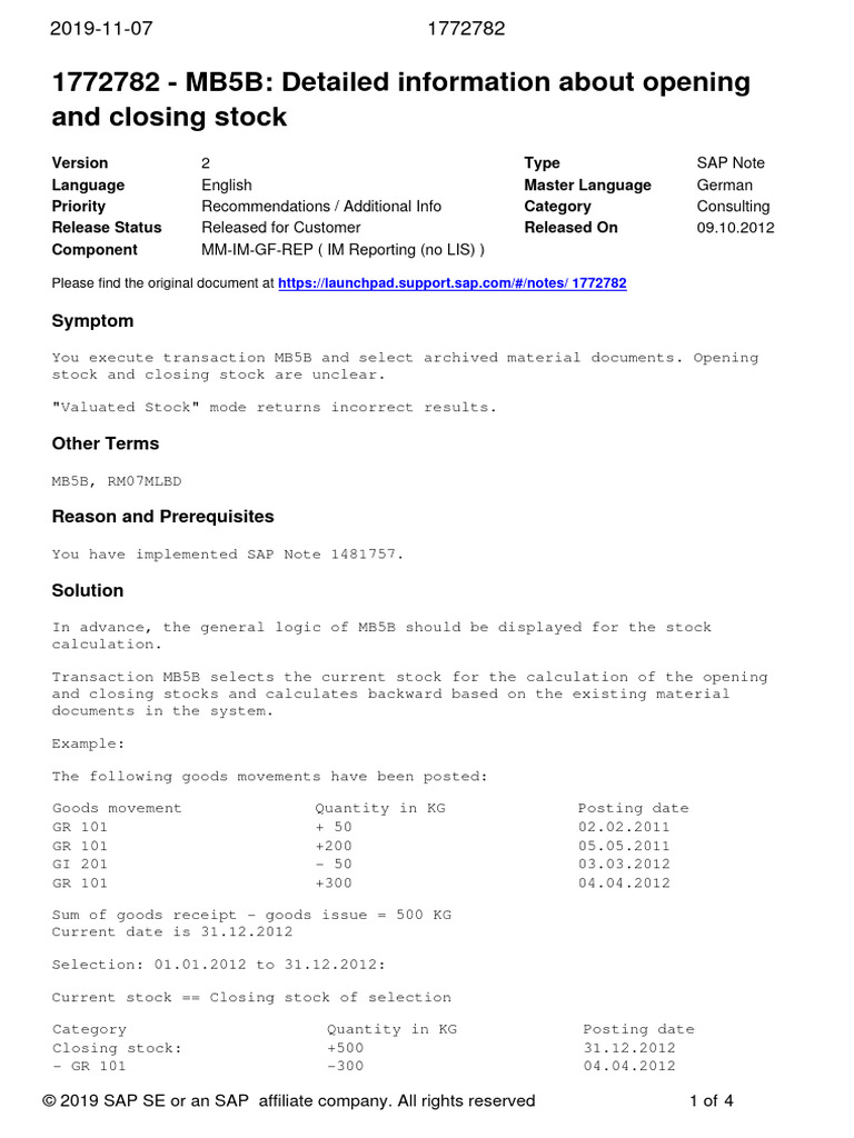 MB5B Detailed Information About Opening and Closing Stock | PDF ...
