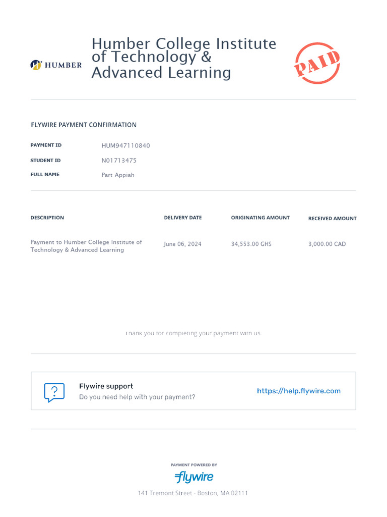 Humber Payment Receipt | PDF