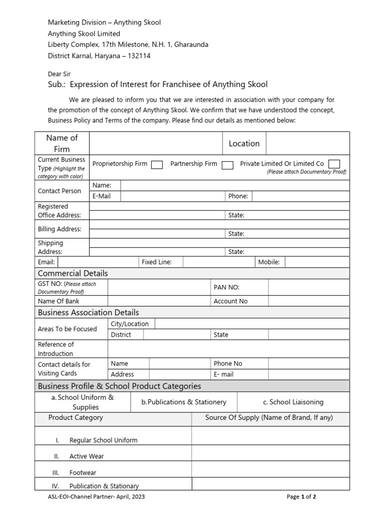 Franchisee Expression of Interest - Anything Skool | PDF | Retail ...