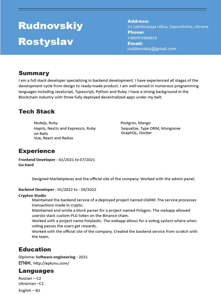 Rostyslav S CV | PDF | Systems Architecture | Computing