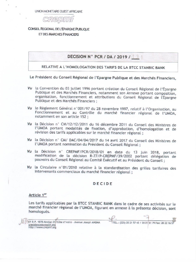 Decision Ndeg Pcr-Da-2019-131 Homologation Des Tarifs de La BTCC ...