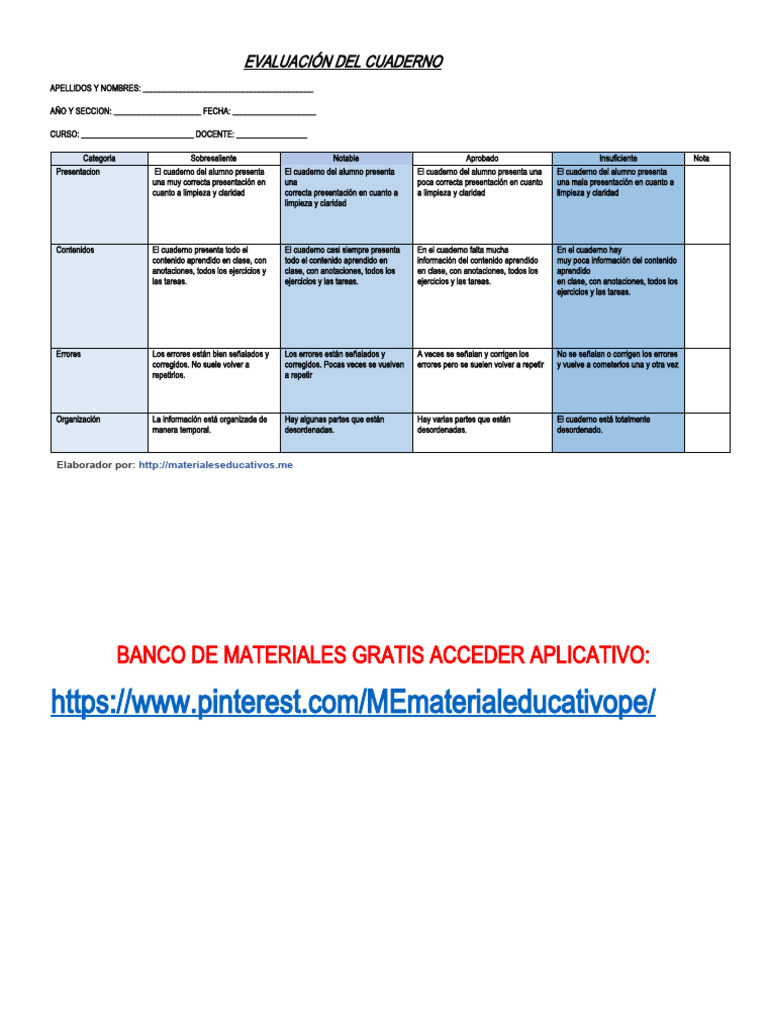 1 Rubrica para Evaluar Cuaderno | PDF