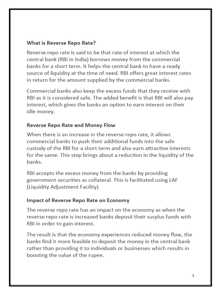 Reverse Repo Rate | PDF | Reserve Bank Of India | Repurchase Agreement