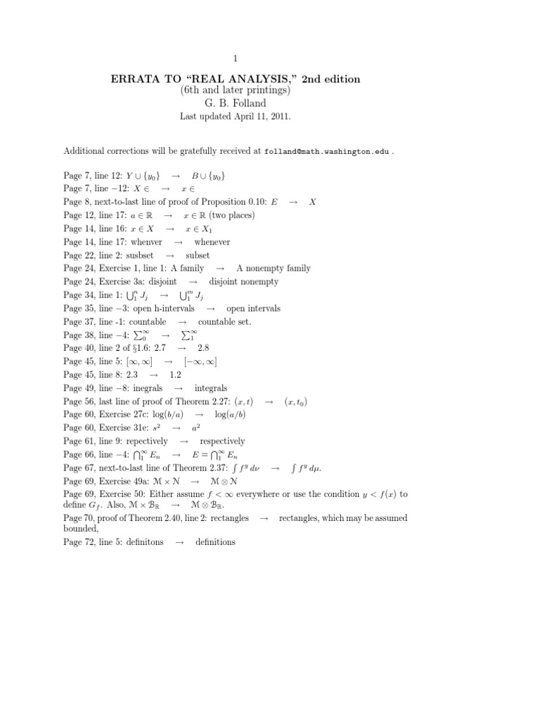 ERRATA TO "REAL ANALYSIS," 2nd Edition (6th and Later Printings) G. B ...