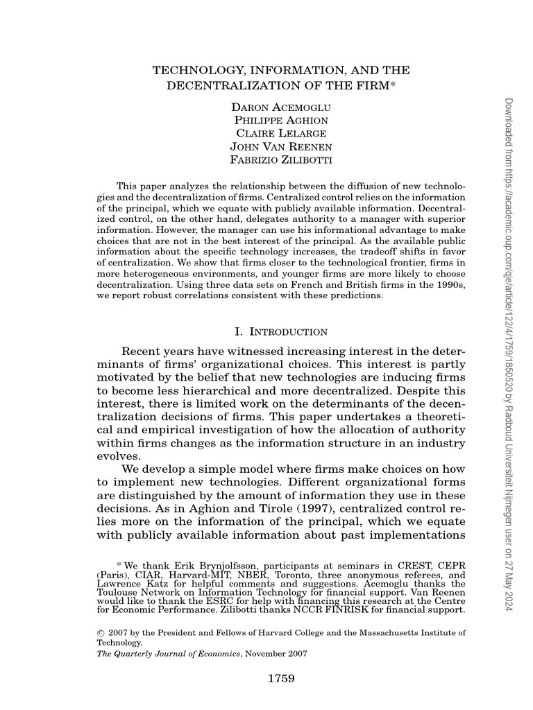 Acemoglu Et Al_2007_Technology, Information, And the Decentralization ... Acemoglu Et Al_2007_Technology, Information, And the Decentralization ...